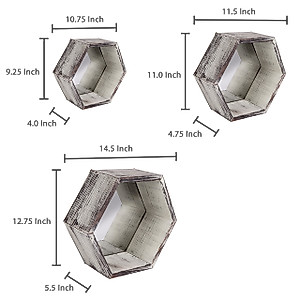 MyGift Wall Mounted Floating Shelves, Solid Torched Wood Hexagon Display Shelf Wall Decor with Mirrored Backing, 3 Piece Set