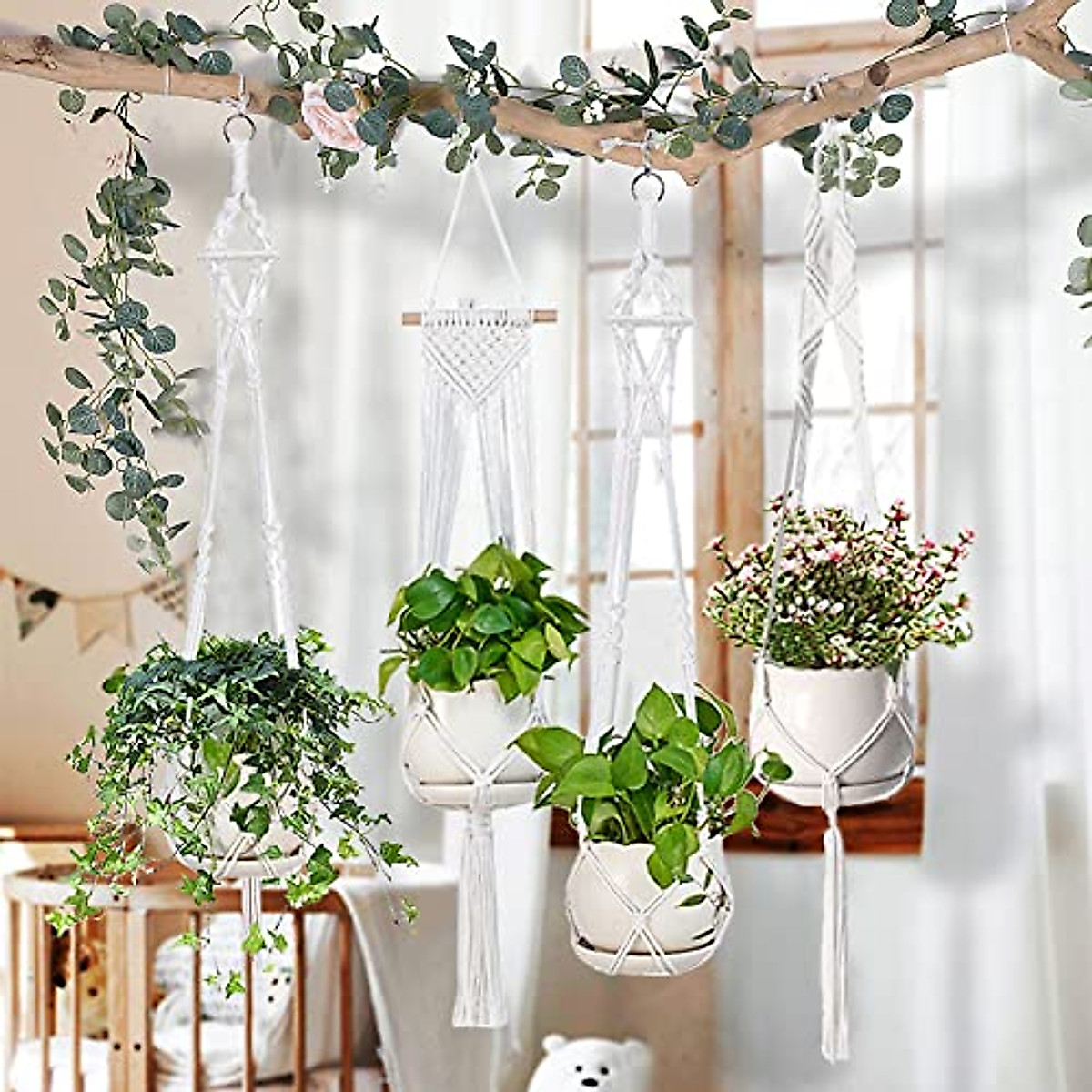 SNUGBERI 6 Pack Macrame Plant Hangers Indoor Outdoor Hanging Planter Basket Handmade Cotton Rope Flower Pot Holder Haning Plant Holder for Indoor Outdoor Boho & Home Decor (White)