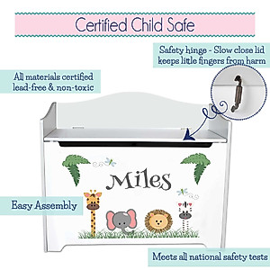My Bambino Personalized Toy Box Bench Woodland Forest Animals White Wooden Toy Bin with lid - Chest for Toys Storage and added Nursery Playroom Bedroom Decor Seat Organizer