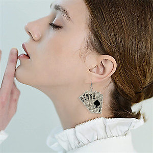 KVANU Unique Funny Hypoallergenic Alloy Sparkly Crystal Poker hearts and spades A Ace Playing Cards Dangle Drop Stud Earrings For Women Gambling Casino Jewelry Gift (Black)