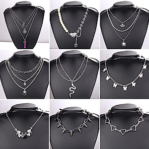 Sanfenly 9Pcs Y2k Goth Necklaces Gothic Jewelry For Women Men Emo Grunge Cool Punk Vintage Necklace Jewelry Chain Layered Pendant Choker Moon Pentagram Spike Butterfly Snake Heart Wing Necklace Set