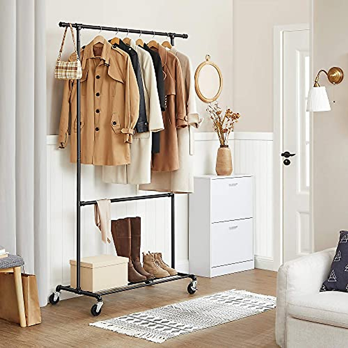 SONGMICS Clothes Rack, Industrial Double Rod Metal Clothing Rack for Hanging Clothes, Adjustable Middle Rod, with Wheels and Shelf, Heavy-Duty Commercial Display, Black UHSR62BK