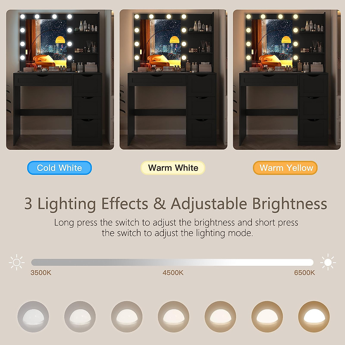 usikey Makeup Vanity Desk with Mirror and 10 LED Lights, Makeup Vanity Table with 4 Drawers, Vanity Desk Dressing Table with 2 Storage Shelves, 3 Color Modes Adjustable Brightness for Bedroom,Black