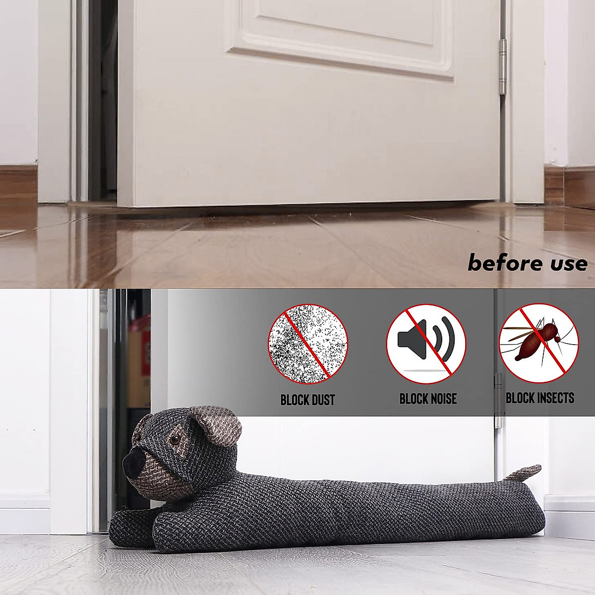 CERAYOU Dog Fabric Under Door Draft Stopper, 3LB Heavy Duty Decorative Soundproof Door Draft Blocker, 34 Inch Animal Energy Saving Draft Guard, Dark Grey