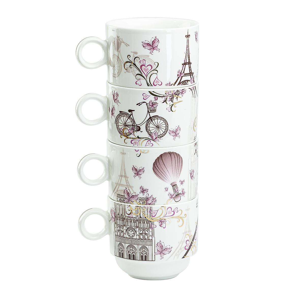 Grace Teaware Stackable Coffee Tea Mug 10-Ounce Set of 4 with White Metal Stand (Paris Eiffel Tower Pink Gold)