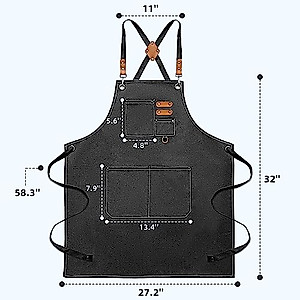 Bluegogo Chef Aprons for Men Women, Cotton Canvas Cross Back Adjustable Apron with Large Pockets for Kitchen Garden Salon (Black)