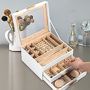 Zglori Jewelry Box, 3 Layers Jewelry Organizer with Glass Lid, 2 Drawers Jewelry Storage Case Holder for Women, Girls