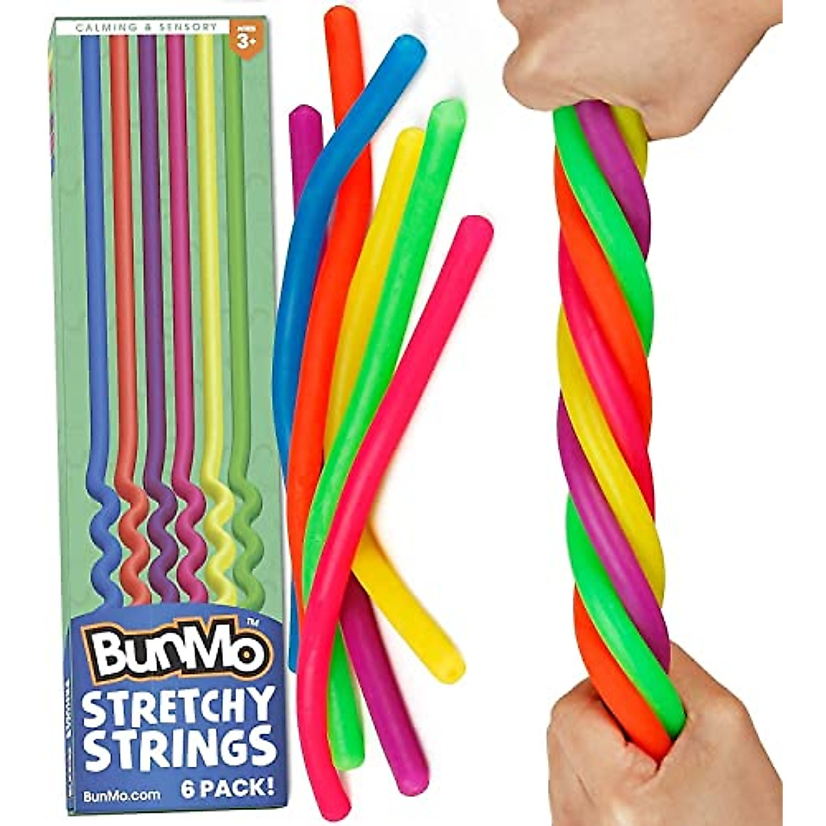 BUNMO Stretchy Sensory Toys Super Bundle - 6 Original Stretchy Strings & 6 Textured Fidget Toys (12 Strings)
