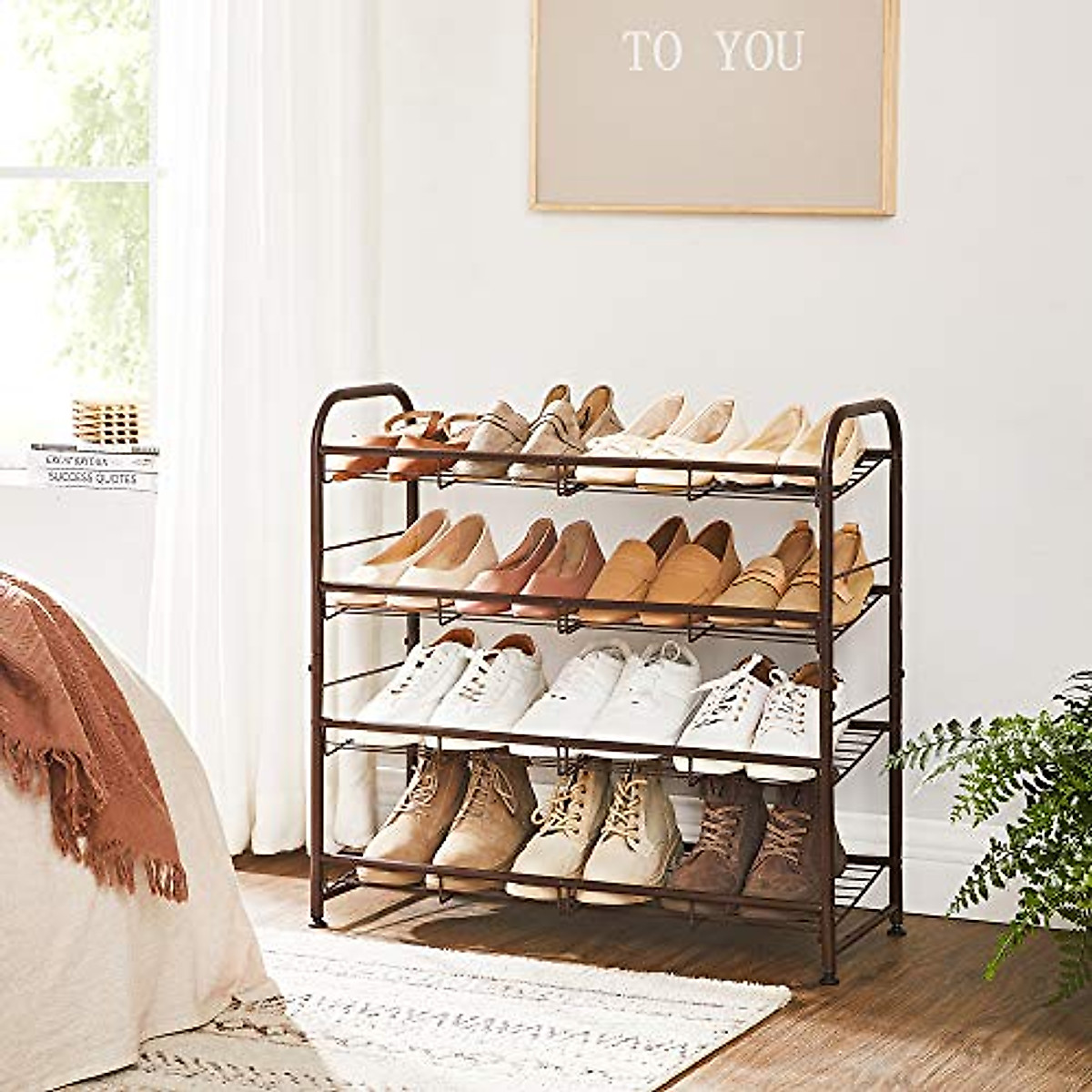 SONGMICS 4-Tier Shoe Rack and 2-Tier Shoe Rack Bundle, Stackable Shoe Rack, Tilting Adjustable Shoe Organizer, for High Heels, Trainers, Entryway, Closets, Bronze ULMR067A01 and ULMR065A01