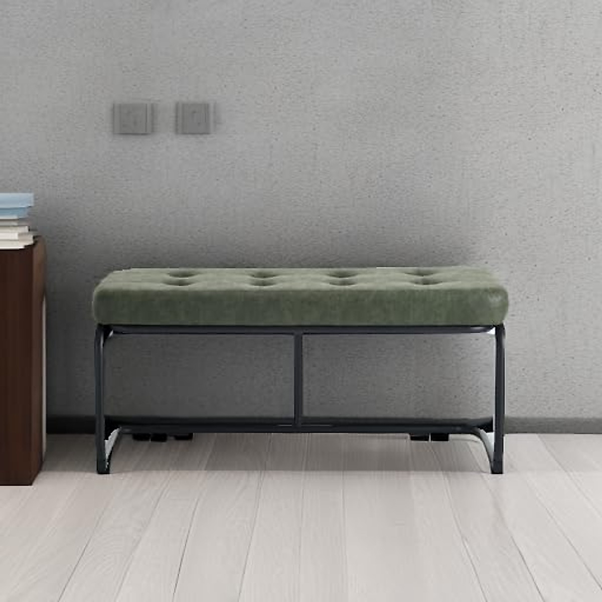 ZH4YOU 39 Inch Modern Dining Bench Indoor, Upholstered Leather Entryway Bench with Metal Legs, Button Tufted Ottoman Bench with Shoe Storage, Small Bench for Kitchen & Living Room Furnitures, Pu Green