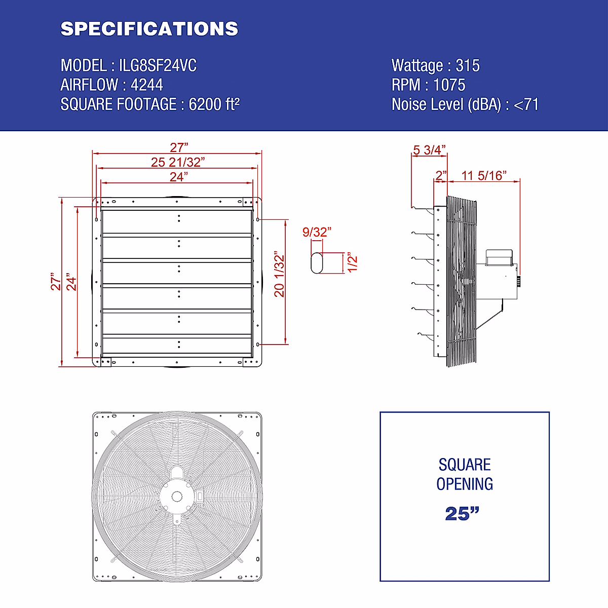 iLiving 24" Shutter Exhaust Fan with Wireless Smart Remote Controlled Thermostat and Humidity, Variable Speed Wall Mounted Attic Vent Fan, Chicken Coop Ventilation, 4244 CFM, 6200 SQF Coverage Area