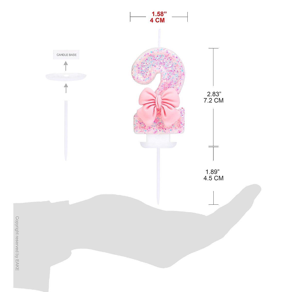 EAKE Number 2 Birthday Candle Pink Bowtie Glitter Number 2 Candle Birthday Girl Pastel Sweet Theme 2nd Birthday Party or Adults Milestone Age Decoration