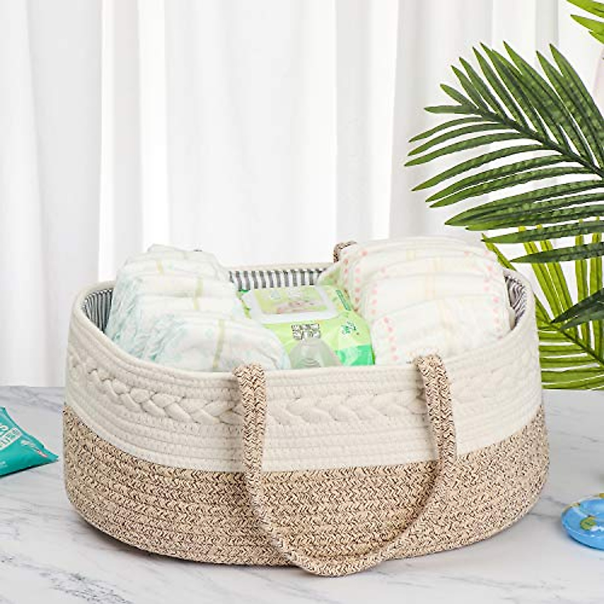 maxgoods Baby Diaper Caddy Organizer -100% Cotton Baby Basket Bin with Removable Divider -Portable Tote Bag Storage Basket for Boy & Girl Nursery Organization (White & Yellow Variegated)