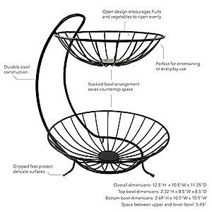 Spectrum Diversified Yumi Arched 2-Tier Server Stacked Bowls, Dining Table & Kitchen Counter Organizer, Modern Fruit Basket Stand, Black