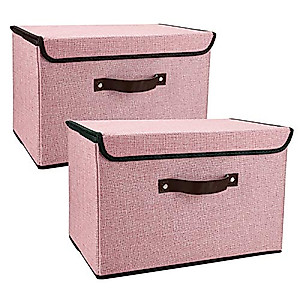 LeFroom 2 Pack Foldable Storage Boxes with Lid and Handles, Cotton and Linen Storage Bins and Baskets Organizer for Nursery, Closet, Bedroom, Home(Red)