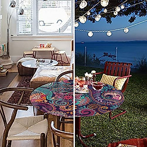 VBTGVE Round Fitted Mandala Bohemiantablecloth, Paisley Purple Floral Boho Colorful, Elastic Edge, for Dining Tables, Buffet Parties and Camping, Fit for 48" Table, Purple 02