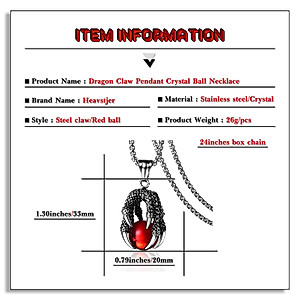 Heavstjer Punk Rock Stainless Steel Dragon Claw Pendant Crystal Ball Necklace,24inches Link Chain (A_Red Ball)