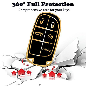 Key Fob Cover for Jeep with Keychain, Daemson Premium Soft TPU Full Protection Key Fob Case for Compass Cherokee Chrysler Challenger Dodge Grand Renegade Wrangler RAM Journey Dart Fiat Durango (Black)