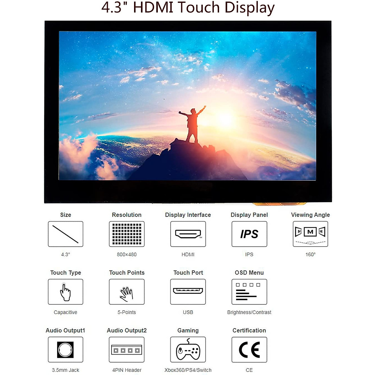 waveshare 4.3inch HDMI LCD 800x480 IPS Capacitive Touch Screen HDMI Interface Support All Version Raspberry Pi 4B/3B+/3B/2B/Zero/Zero W/Zero WH,Jetson Nano BB Black Banana Pi Windows 10/8.1/8/7