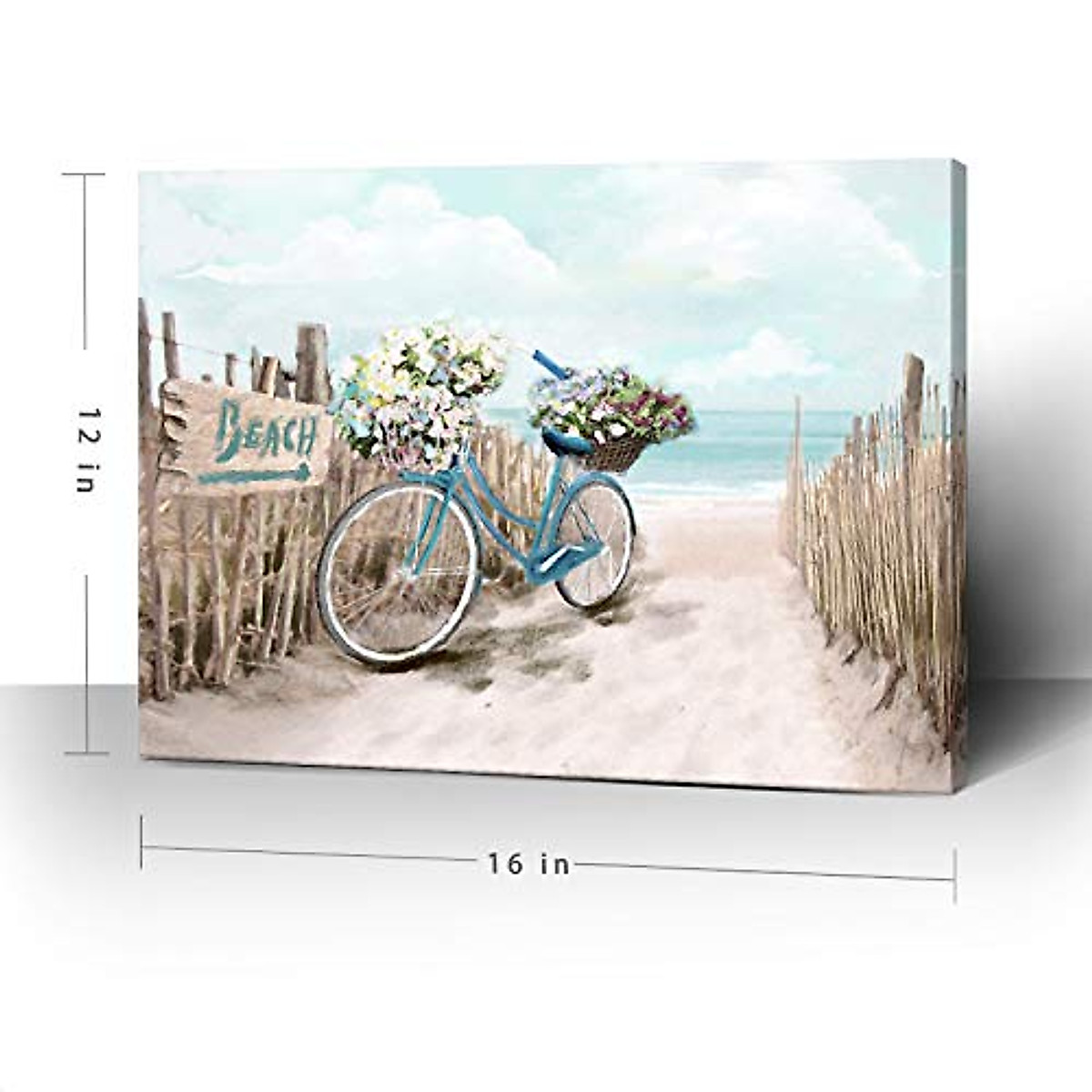 Beach Canvas Wall Art for Bathroom Ocean Pictures Seaside Bicycle Canvas Print Seascape Painting Framed Teal Aqua Blue Calming Shoreside Artwork for Modern Coastal Themed Lake Home Bedroom Décor Ready to Hang 12x16inch