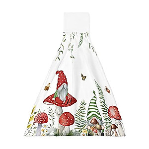 Mushroom Gnomes Hanging Kitchen Towels Set of 1, Hand Towels with Loops, Spring Floral Teal Botanical Water Absorbent Dish Cloth Tie Towels Tea Bar Towels Hand Towels for Bathroom