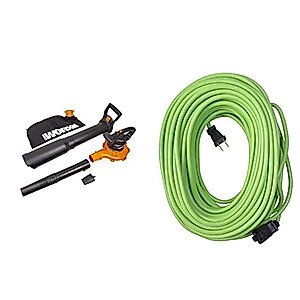Worx 12 Amp 3-in-1 Corded Electric Leaf Blower/Mulcher/Vacuum & Outdoor Garden 120-Foot Extension Cord, Lime Green