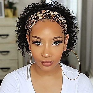 HeadBand Wig Curly Human Hair Wig None Lace Front Wigs for Black Women Deep Wave Machine Made Wigs Natural Color 150% Density 14inch