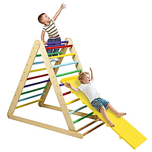 HONEY JOY Triangle Climber with Ramp, 2-in-1 Indoor Toddler Climbing Triangle Set with Ladder & Slide, Foldable Wooden Kids Climbing Toys for Playground, Gym & Daycare, Gift for Boys Girls (Colorful)