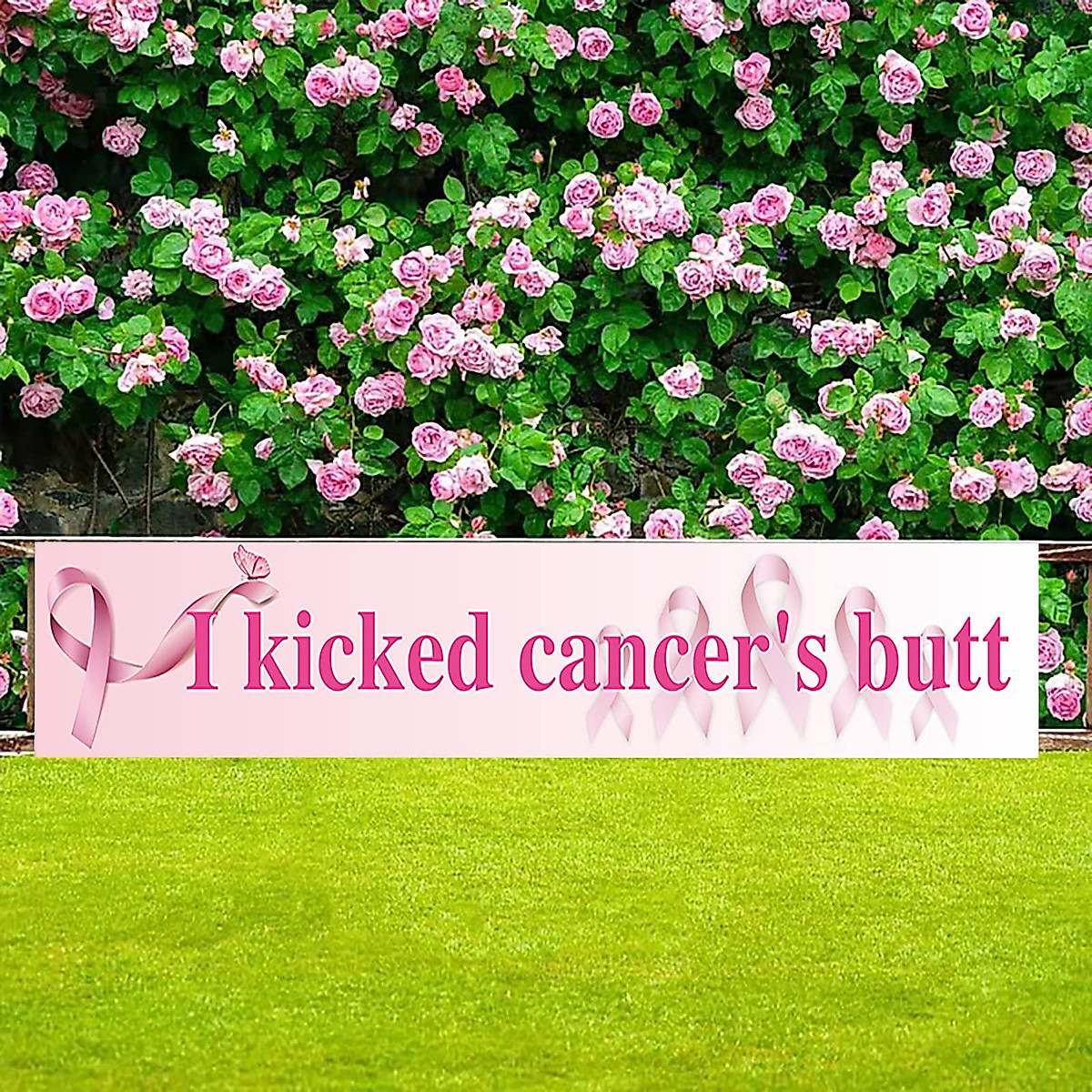 GENERC Large I Kicked Cancer's Butt Banner, Pink Ribbon Party Sign Decoration Hope Strength Courage Faith Backdrop for Breast Cancer Awareness Party Decoration Supplies - 118'' x 19.7''