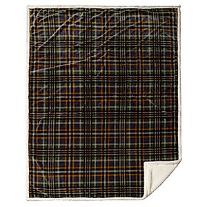 Carstens Orange Sage Striped Plaid Sherpa Throw Blanket 54" x 68"