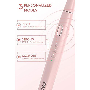 DMH Electric Toothbrush, Sonic Electric Toothbrush Powerful Cleaning, Rechargeable Travel Toothbrush with 4 Brush Heads, 3 Modes, 4 Hour Fast Charge for 60 Days Use, Pink