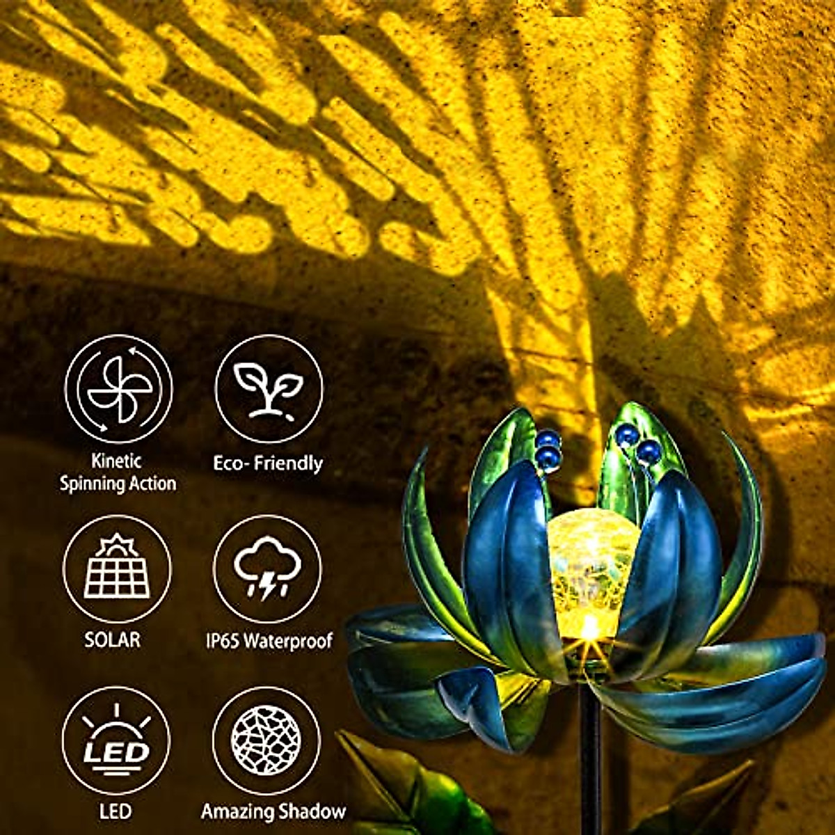 Solar Yard Lights Wind Spinners- Metal Lotus Flower Garden Decor LED Crackle Glass Globe Yard Art Sculpture Solar Stake Lights for Patio Pathway Lawn Walkway