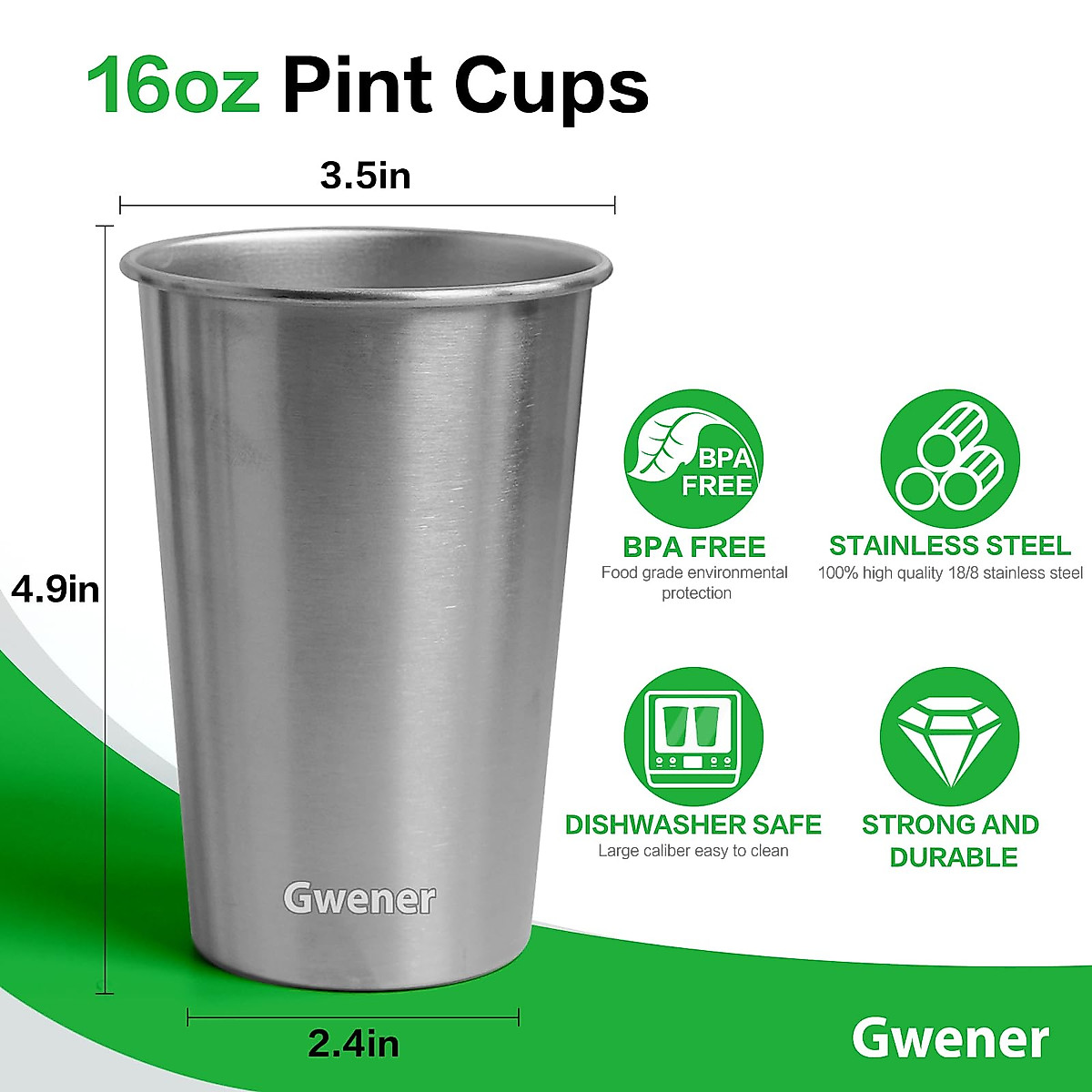 Gwener Stainless Steel Cups, Premium Metal 16 oz Pint Tumbler Stackable Metal Drinking Glasses for Adults or Kids Travel Outdoor Camping(16 oz/ 473 ml)