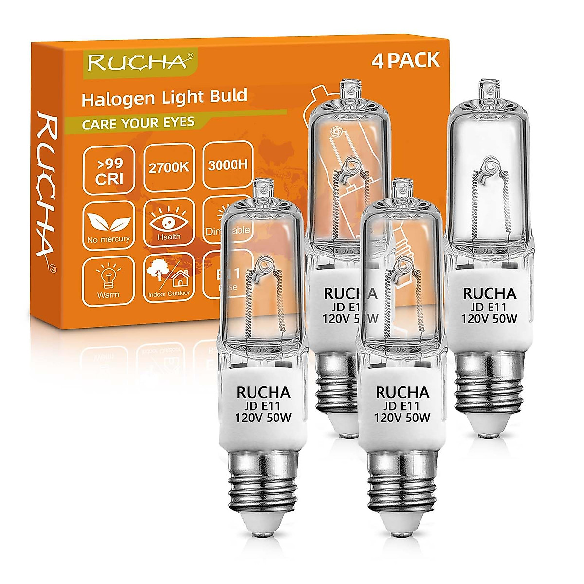 RUCHA E11 Halogen Buld, JDE11 120V 50W Dimmable Halogen Light bulds(Replacement E11 LED Buld), T4 Mini Candelabra Base, for Chandeliers, Candelabra,Ceiling Fan, Table Lamps, Cabinet Lighting, 4 Pack