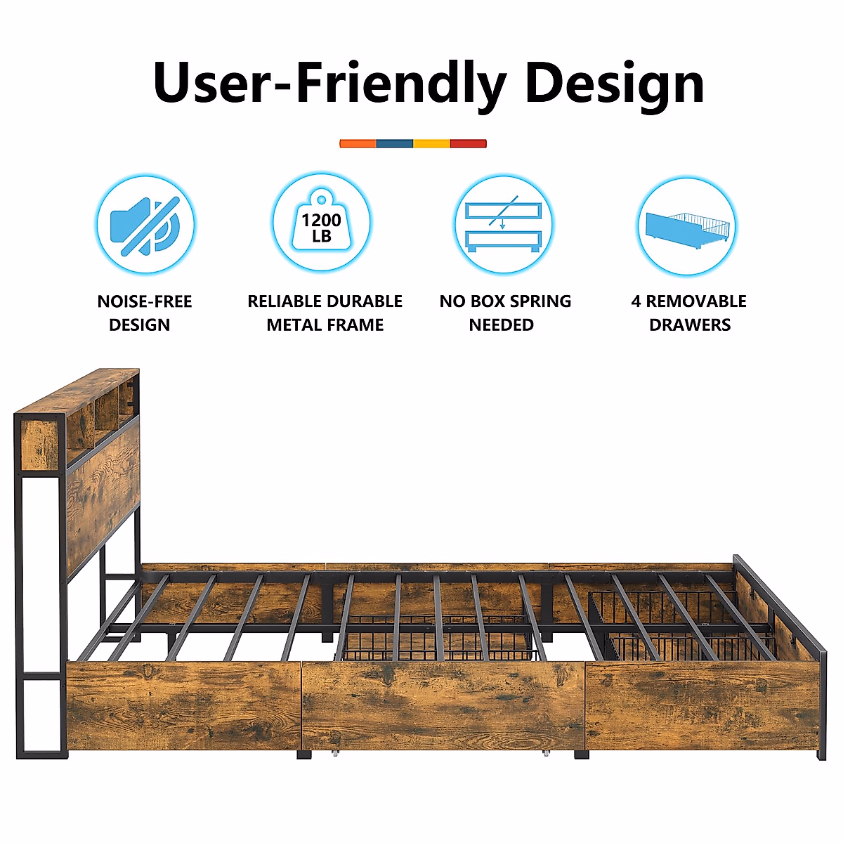 furomate Bed Frame Queen Size Metal Bed Frame with Storage Headboard and 4-Drawers, Platform Bed Frame with LED Light & Charging Station, No Box Spring Needed, Rustic Brown