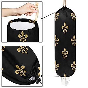 Plastic Bag Holder Golden Fleur De Lis Pattern Wall Mount Grocery Bag Holder Washable Plastic Bag Dispenser Garbage Bag Organizer for Home Kitchen Decor, Gifts for Women Mom Family Friends