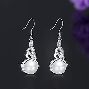 LONAGO Pearl Drop Earring White Pearl Dangle Earrings with Angel Wing Cubic Zirconia Silver Pearls Dangle Earring for Women