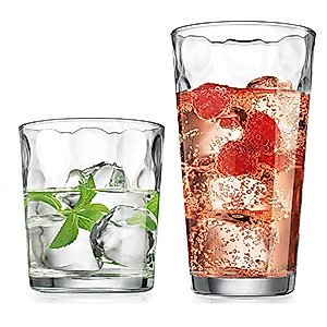 Home Essentials & Beyond Drinking Glasses Set Of 16 8 Highball Glasses (17 oz.), 8 Rocks Whiskey Glass cups (13 oz.), Inner Circular Lensed Glass Cups for Water, Juice and Cocktails.