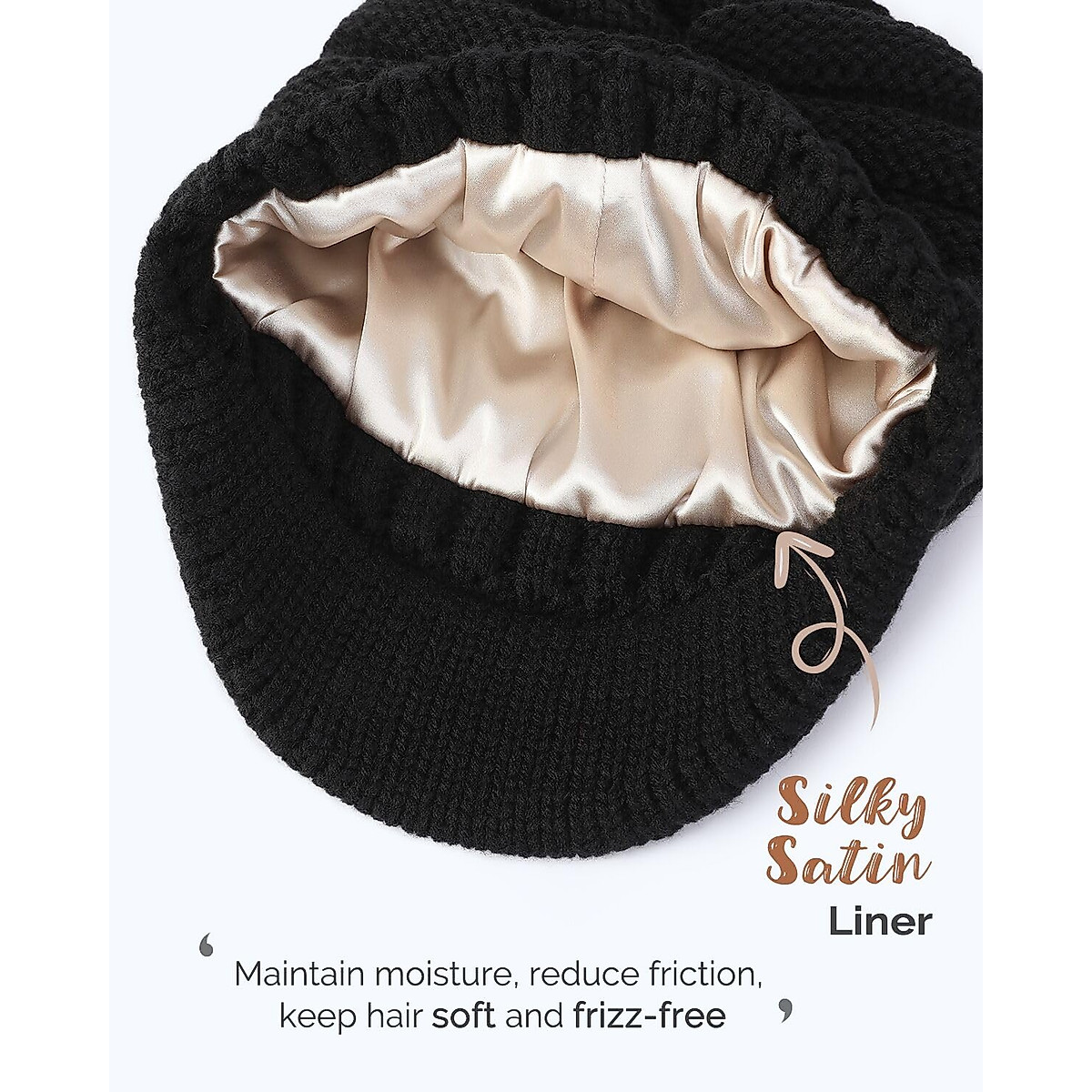 Hat Hut Beanie Hat for Women Men Satin Lined Beanie for Women Satin Lined Winter Hat Slouchy hat with Visor Brim (Black)