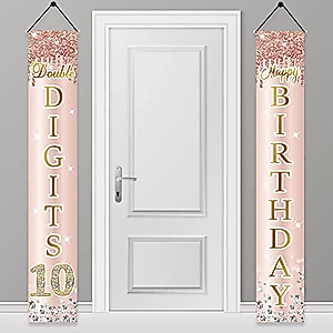 10th Birthday Door Banner Decorations for Girls, Pink Rose Gold Happy 10 Birthday Door Porch Backdrop Party Supplies, Ten Year Old Birthday Sign Decor