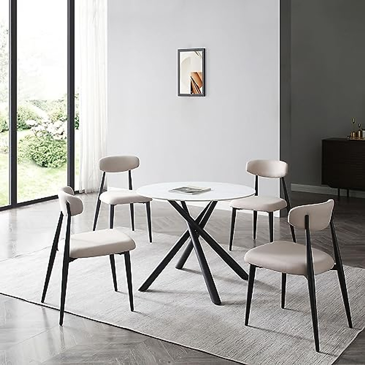 KEVINSPACE 42.13" Round Dining Table, Marble Table White Sintered Stone Tabletop with Solid Carbon Steel Base, Mid Century Modern Dining Table for Kitchen, Dining Room, Office, Reception Room Moon