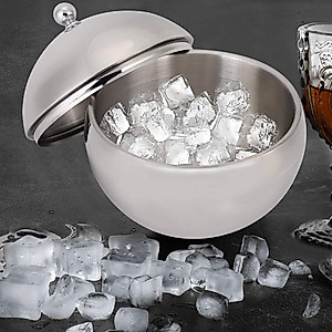 AUNMAS Double-Wall Stainless Steel Insulated Ice Bucket with Lid, 2 L, Spherical, Silver, Keeps Ice Cold & Dry for Home Bar, Chilling Beer Champagne and Wine