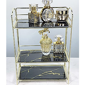 Simmer Stone 3 Tier Makeup Perfume Organizer Shelf, Cosmetic Storage Corner Shelf with Removable Glass Tray, Wire Vanity Organizer Rack for Dresser, Countertop, Bathroom and More (Gold)