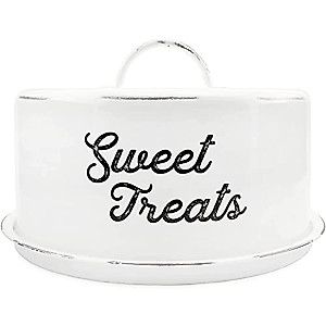 AuldHome Enamelware White Cake Cover; Rustic Decorative Cake Plate with Domed Lid