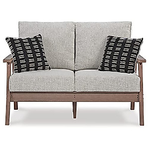 Signature Design by Ashley Emmeline Classic Outdoor HDPE Wood Look Framed Cushioned Loveseat, Beige & Gray