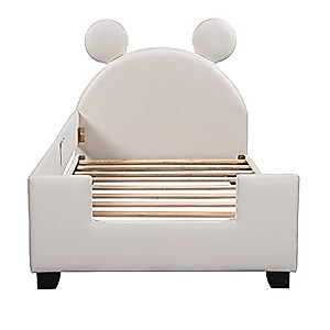 Twin Size Kids Upholstered Bed with Carton Ears Shaped Headboard,Children Twin Platform Bed Frame with PU leather，Cute Wooden Single Bed for Girls Boys, No Box Spring Needed , White