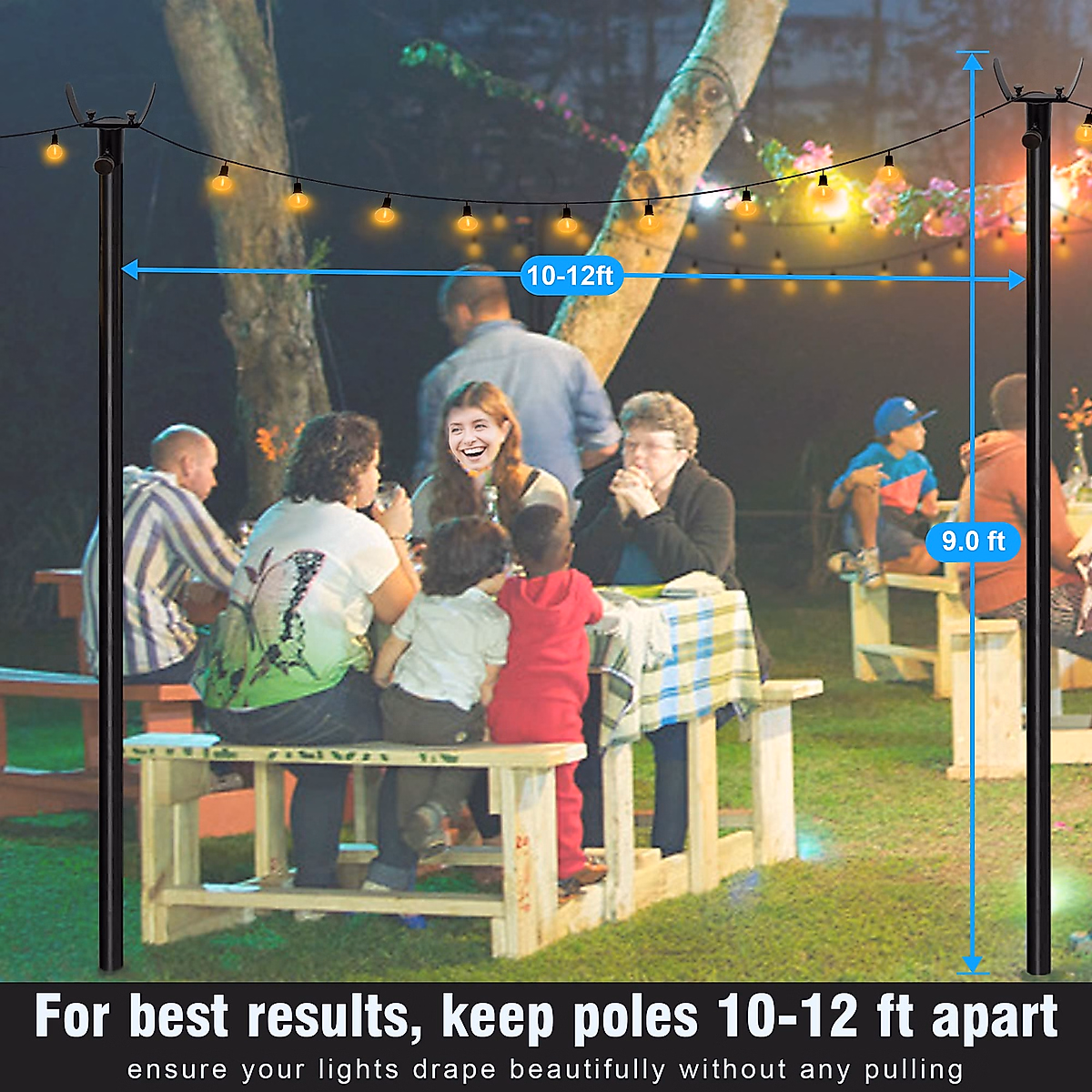 APEX LIFE String Light Poles for Outdoor Deck or Patio | 2 Pack 9FT | Black Powdered Steel Pole for Lights 5-Prong + Flat Base Options | Great for Wedding Garden Cafe Party Backyard
