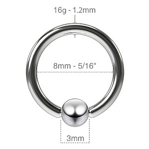 4pc 16g Stainless Steel Captive Bead Ring Earrings Ball Gauge Hoop Tragus Daith Septum Helix BCR 8mm