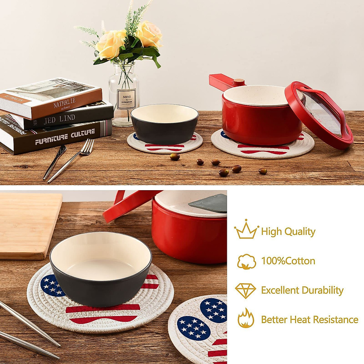 Kitchen Pot Holders Set 2 Pcs Cotton Thread Weave Trivets Set Stylish Coasters for Hot Dishes Pot Bowl Coffee Hot Pot Holders Dog Paws USA American Flag Filled