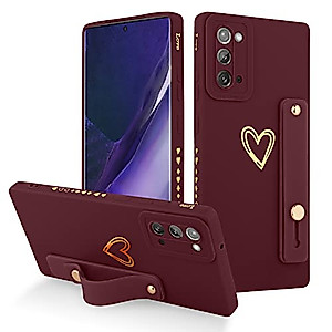 Fiyart Designed for Samsung Galaxy Note 20 Case with Phone Stand Holder Cute Love Hearts Protective Camera Protection Cover with Wrist Strap for Women Girls for Galaxy Note 20 6.7"-Wine Red